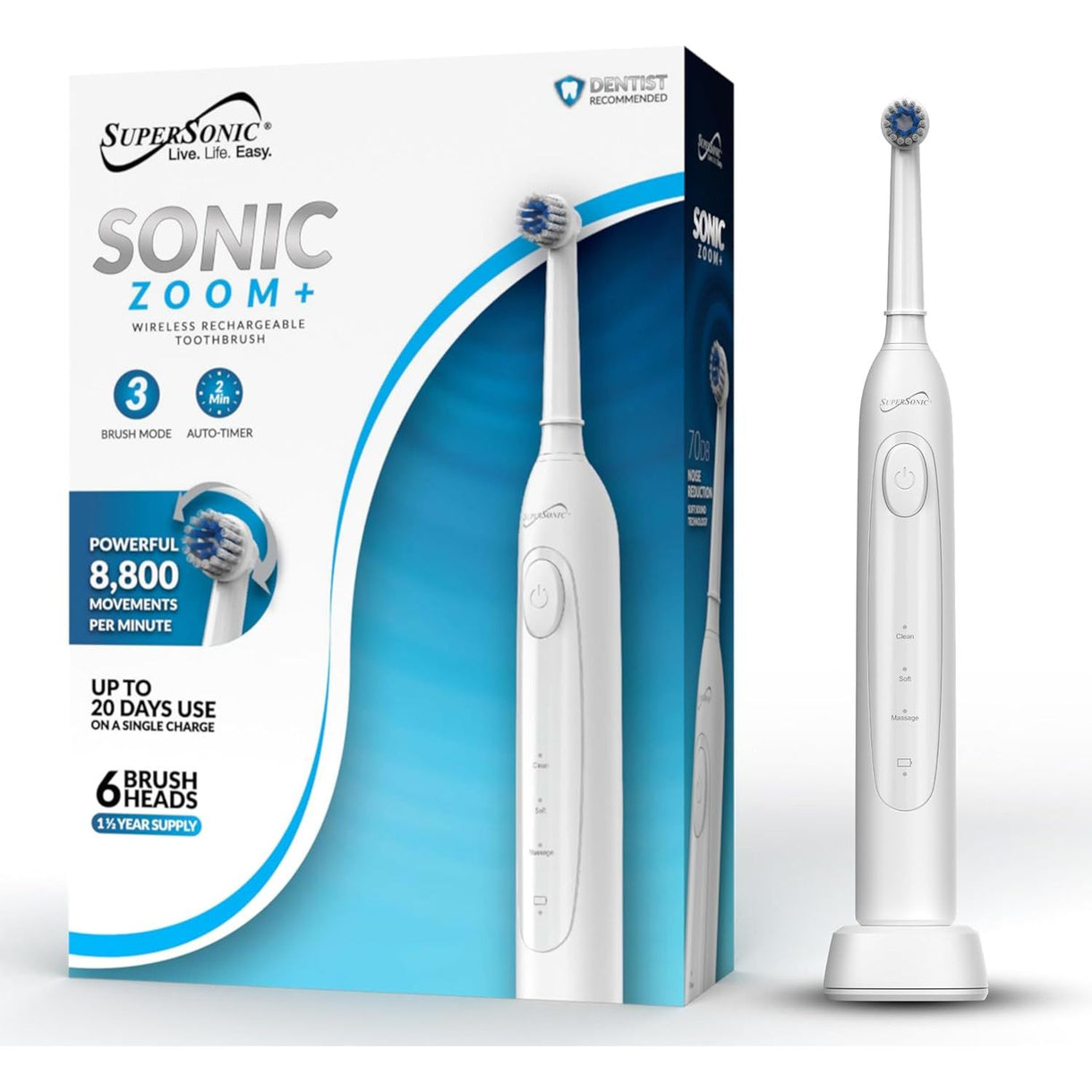 Supersonic TB-1000 Sonic Zoom+ Electric Toothbrush – 8,800 OPM 3 Modes ...